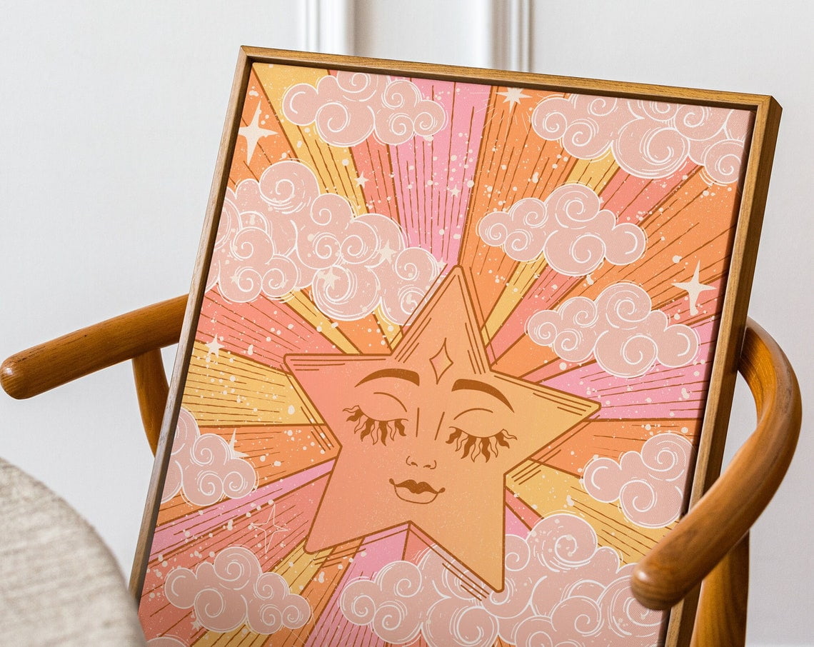 70S Star Wall Art, Retro Vintage Star Poster, Stars And Clouds, Cute ...