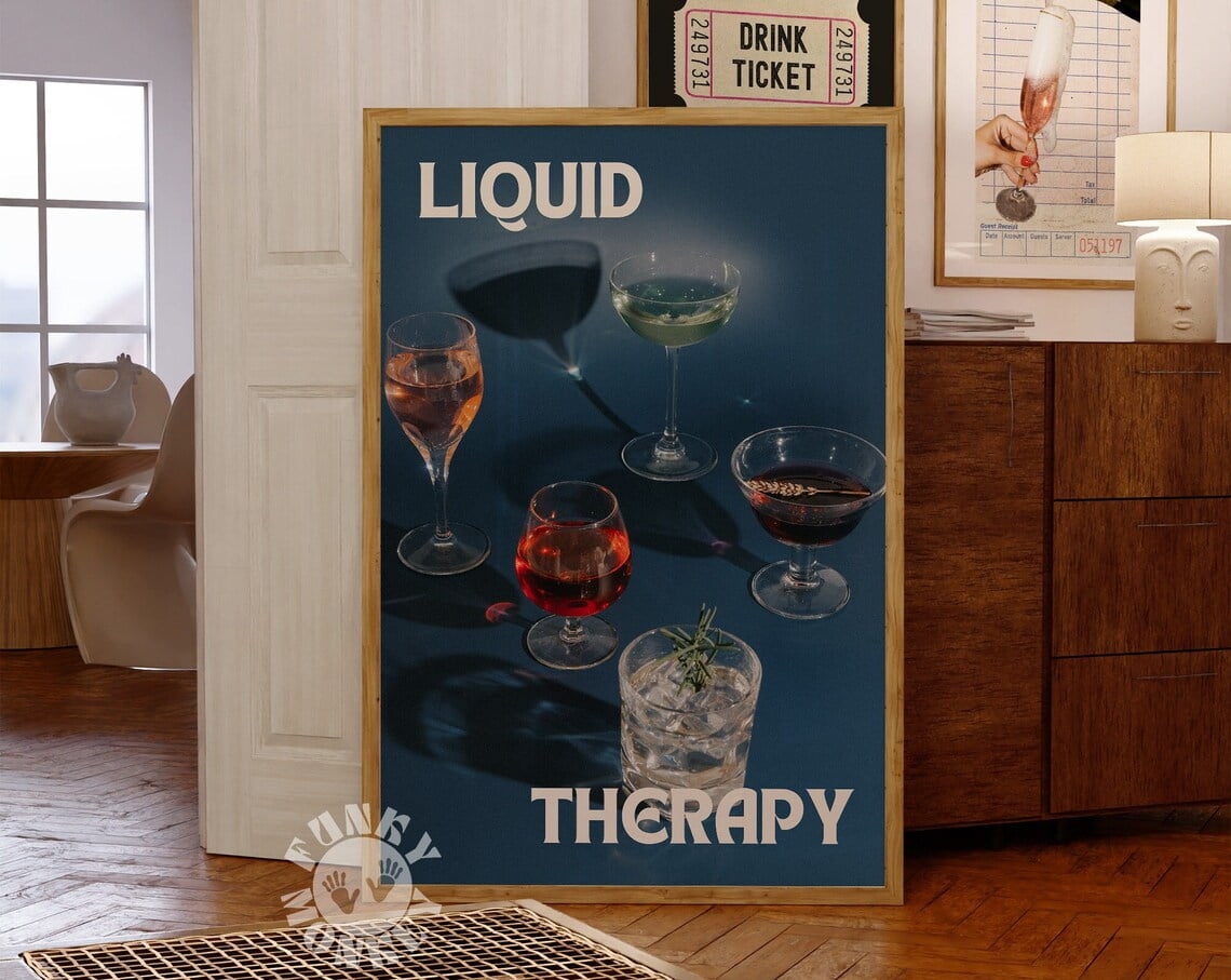 70S Style Bar Cart Art Print, Liquid Therapy Wall Art Print, Cocktail Print, Trendy Wall Art ...