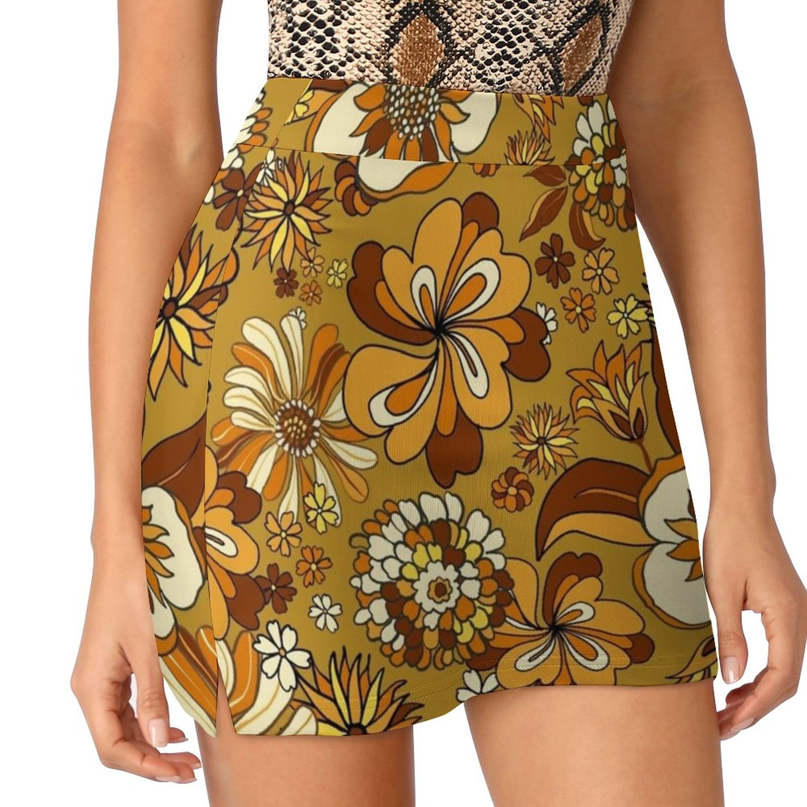 70S Vintage Flower Power Floral Pattern Orange Mustard Skirts Woman ...