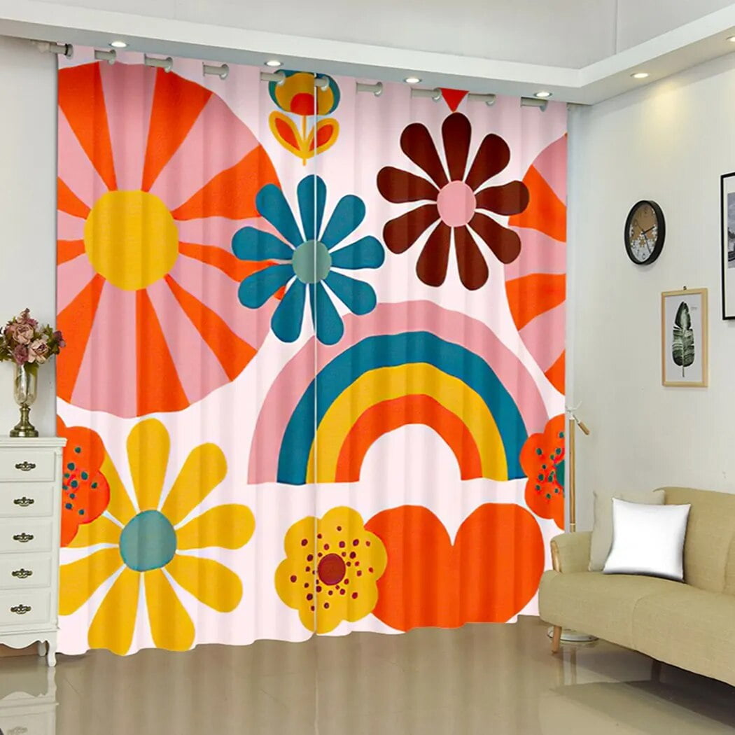 70S Vintage Mid Century Curtain Flowers Polyester Pongee Fabric Kitchen ...