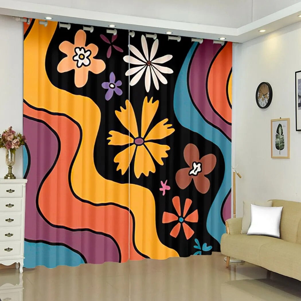 70S Vintage Mid Century Curtain Flowers Polyester Pongee Fabric Kitchen ...
