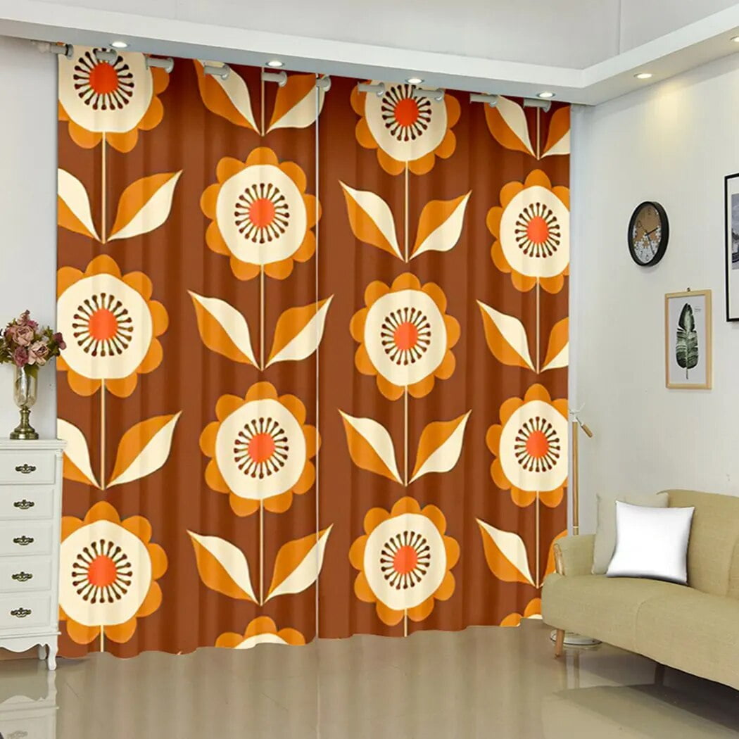 70S Vintage Mid Century Curtain Flowers Polyester Pongee Fabric Kitchen ...