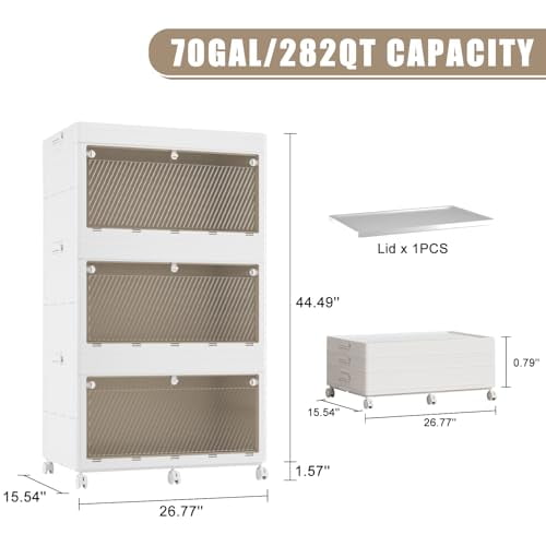 70gal / 282qt Stackable Storage Bins With Lids, 3-Tier Plastic Storage ...