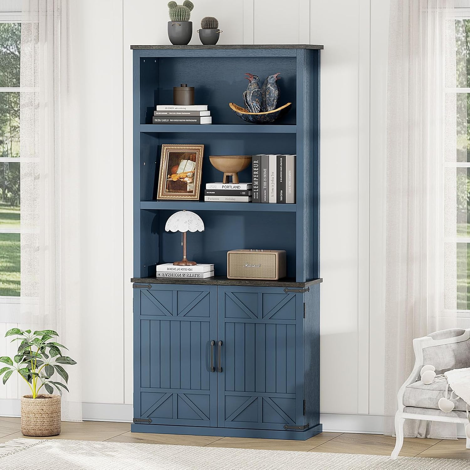 70in Tall BookShelf 5 Tier Farmhouse Book Shelf with Storage Cabinet ...