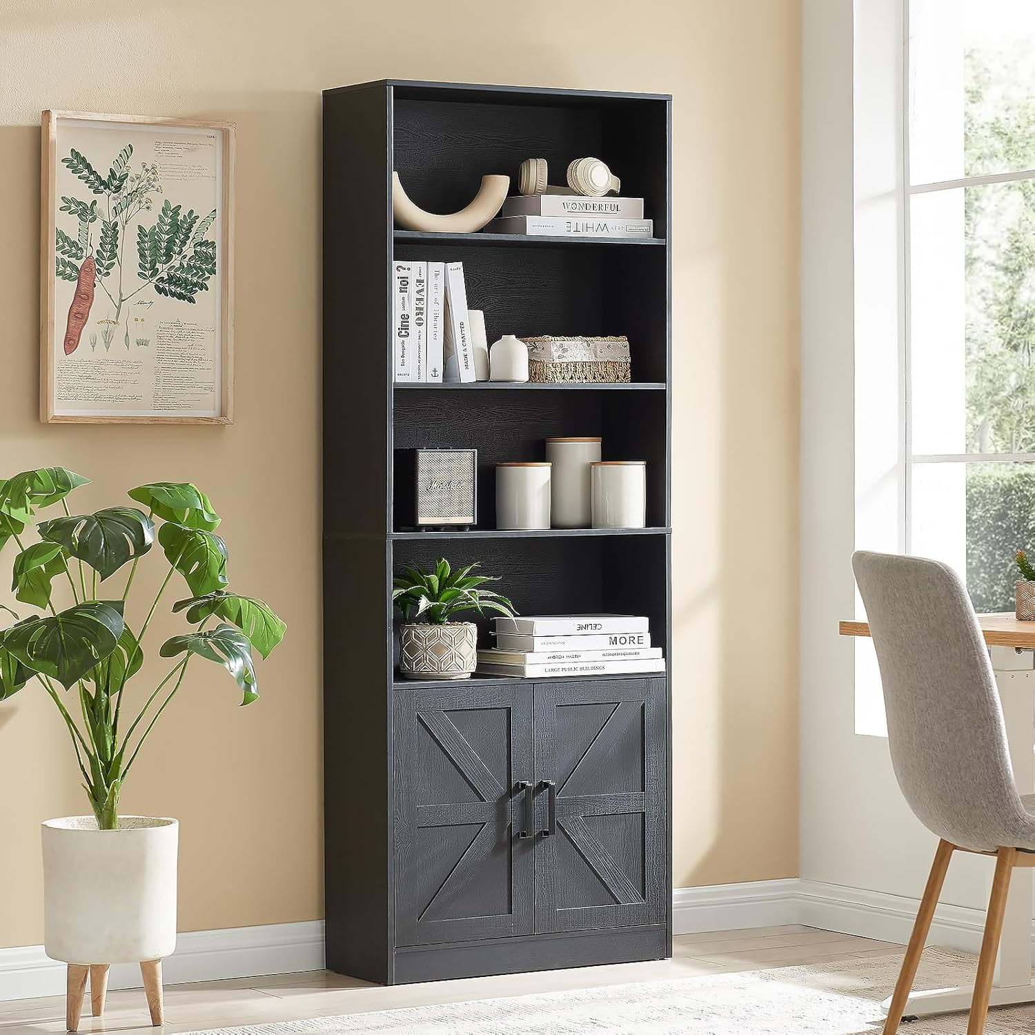 70in Tall Bookshelf 6 Tier Bookcase with Barn Doors and Adjustable ...