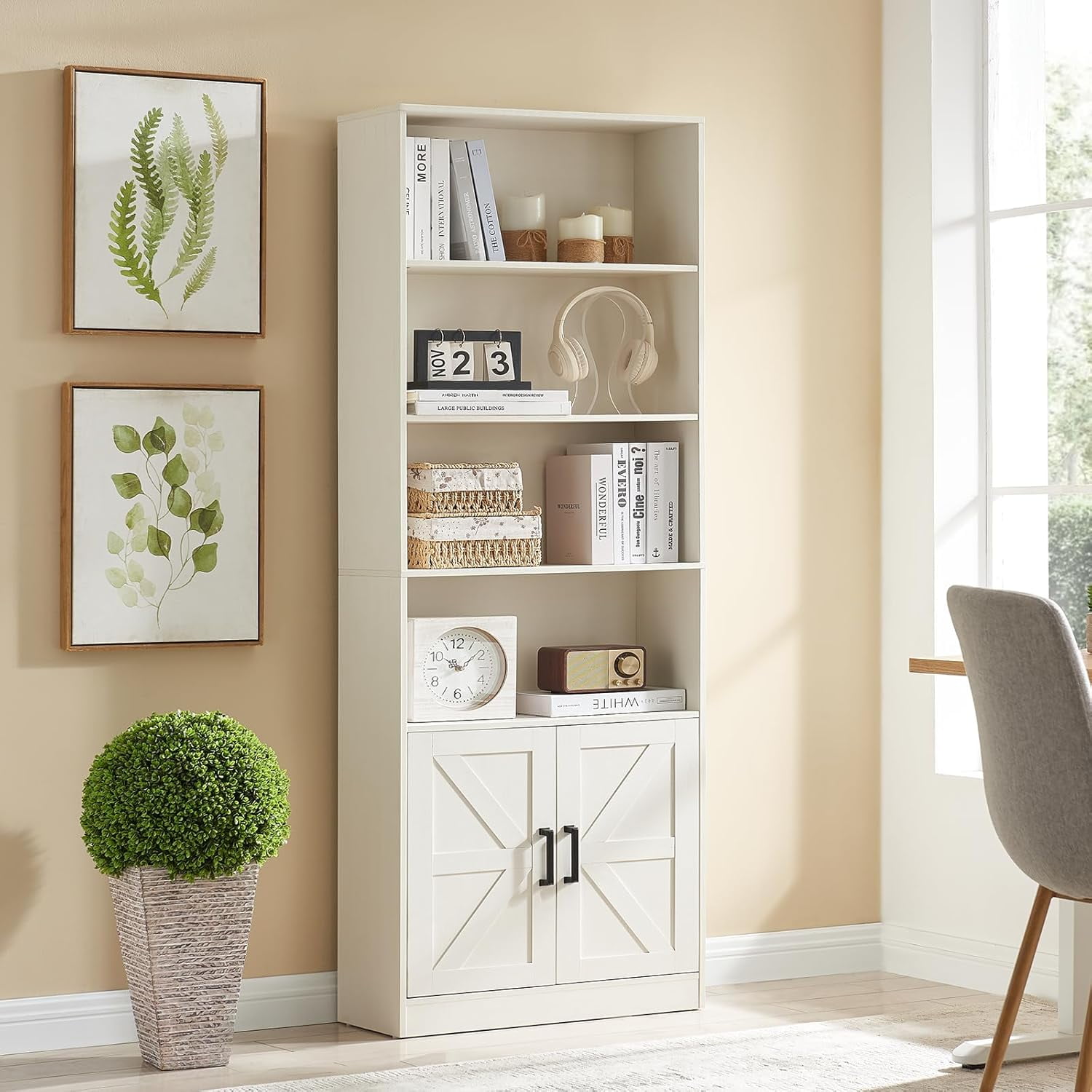 70in Tall Bookshelf 6 Tier Bookcase with Barn Doors and Adjustable ...