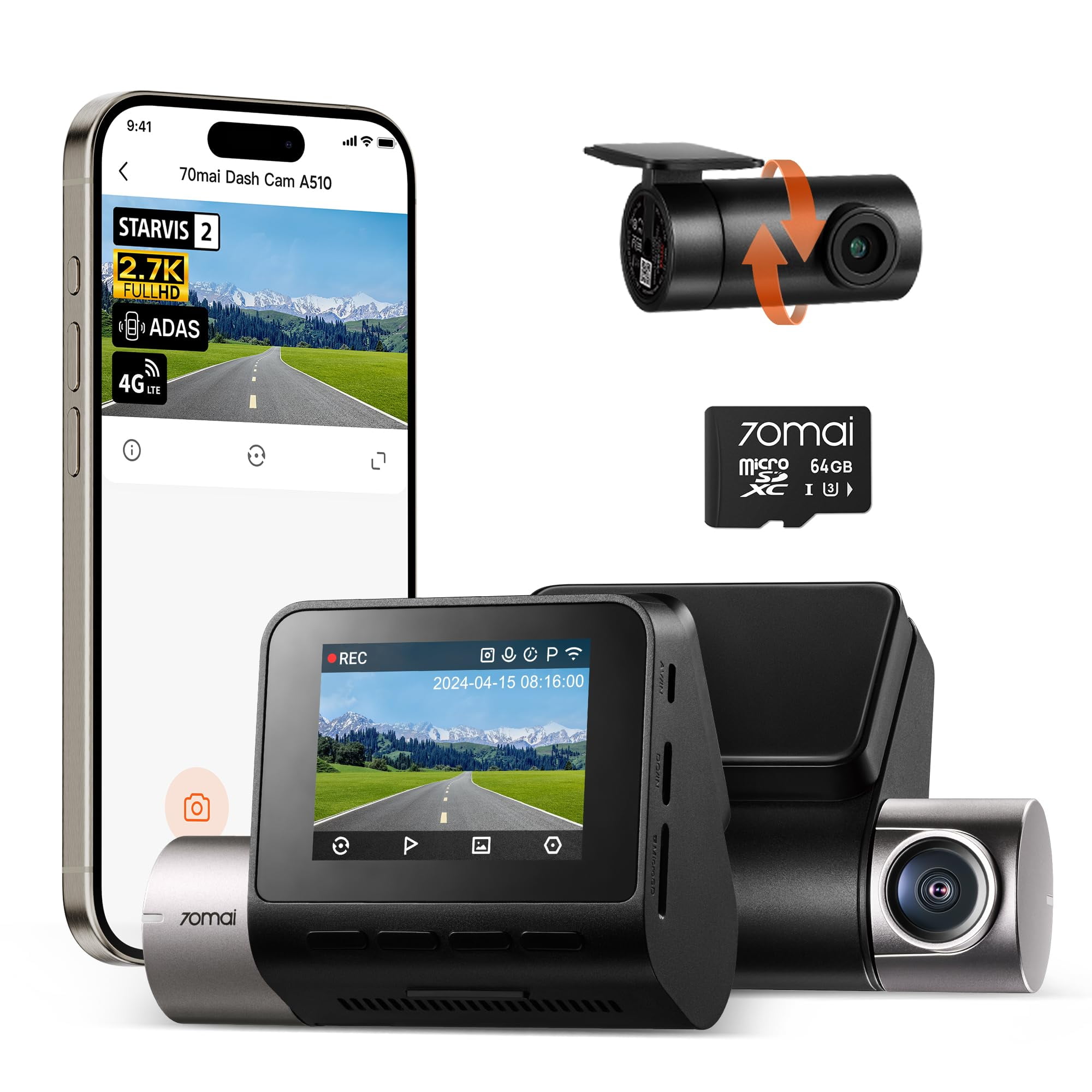 70mai Dash Cam Front and Rear A510,1944P+1080P with 2 IMX675 and 64GB ...