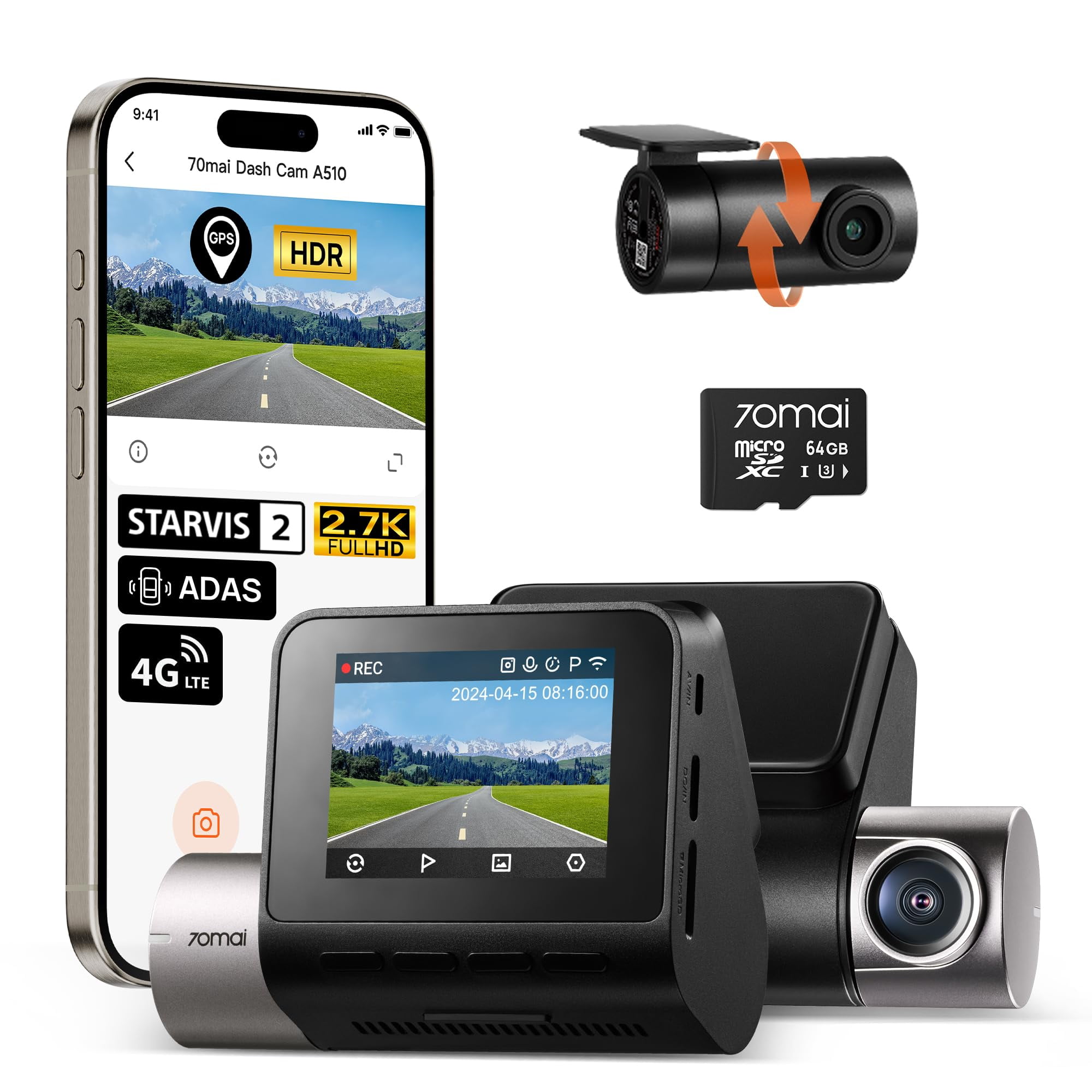 70mai Dash Cam Front and Rear A510,1944P+1080P with STARVIS 2 IMX675 ...