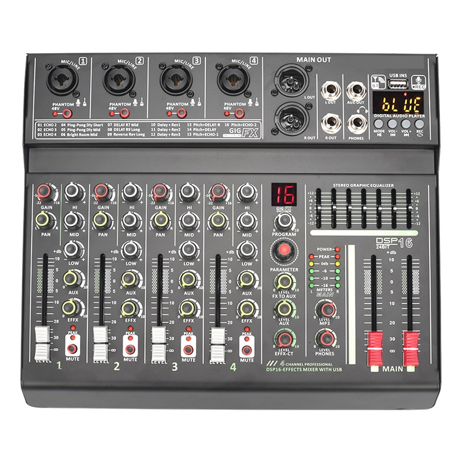 70mm Fader Mixer 4 Channel 7 Band EQ 16 Effects Mixing Console ...
