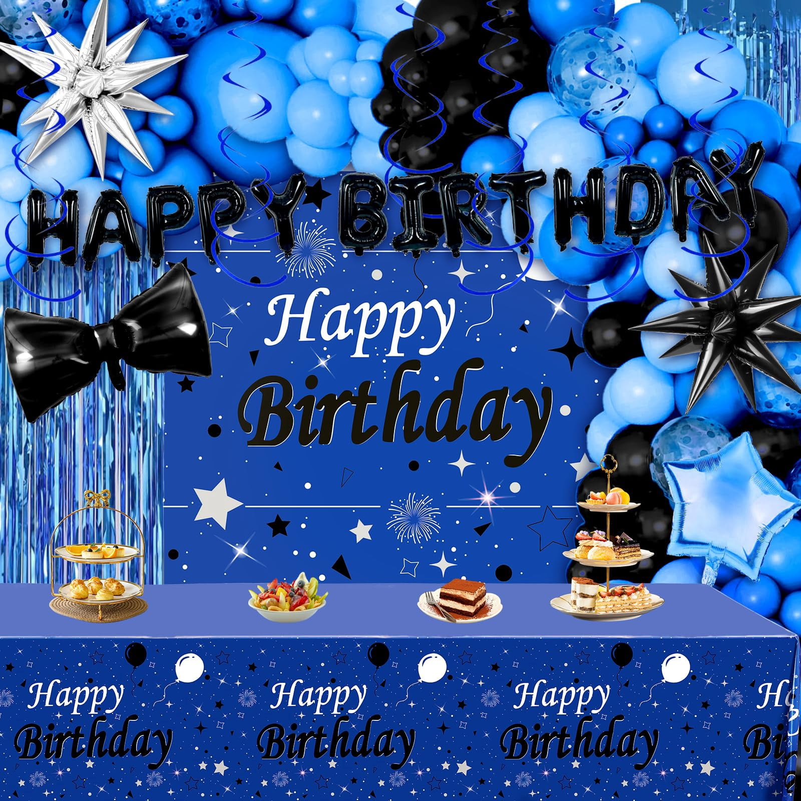 70pcs Blue Black and Silver Birthday AFN1Party Decorations Supplies for ...