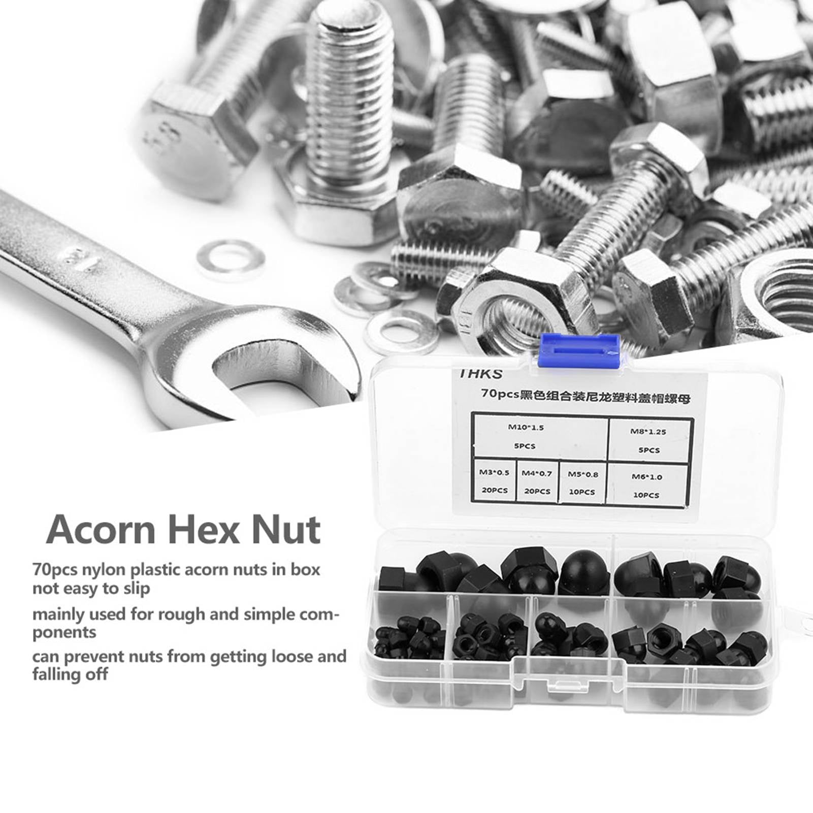 70pcs Nylon Acorn Nut Kit, M3,M10 Dome Cap Hex Nuts for Machinery ...