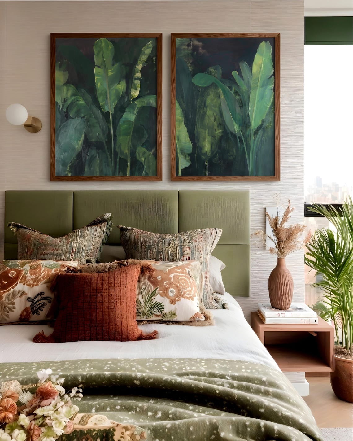 70s 80s Green Banana Leaf Mid Century Botanical Japandi Wabi Set 2 ...
