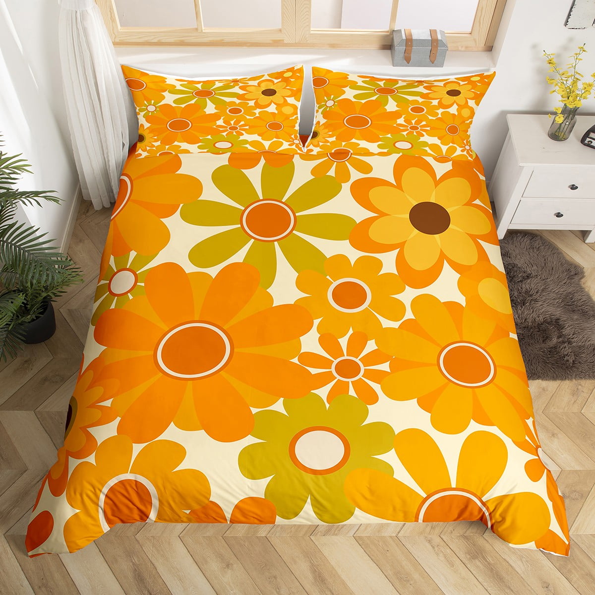 70s 80s Groovy Daisy Duvet Cover Queen,Vintage Hippie Flowers Bedding ...