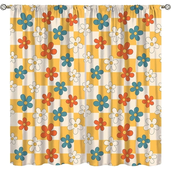 70s 80s Retro Checkered Curtains,Abstract Hippie Floral Funky Modern ...