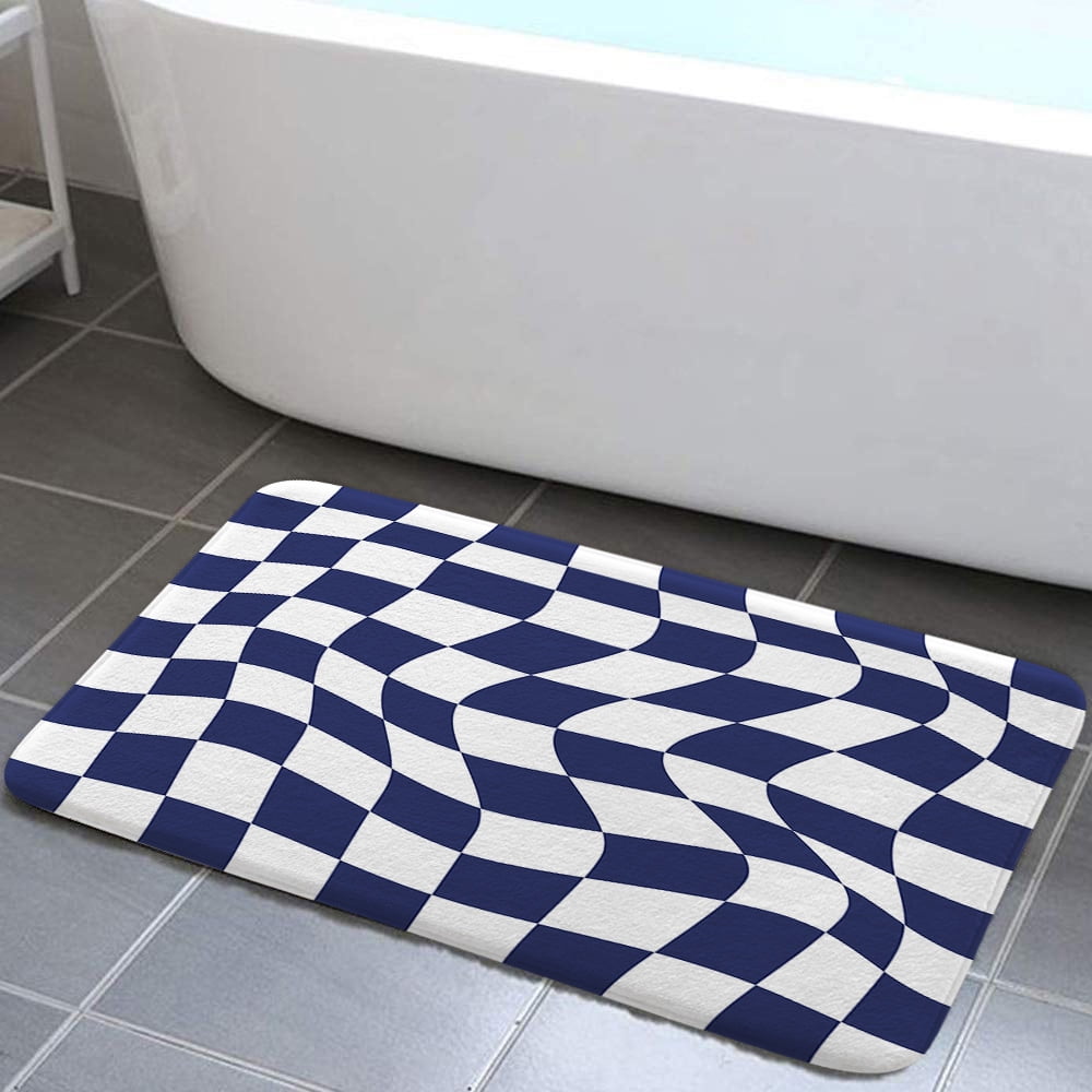 70s Brown Checkerboard Bath Rugs, Cute Grid Checkered Wavy Fun Non-Slip ...