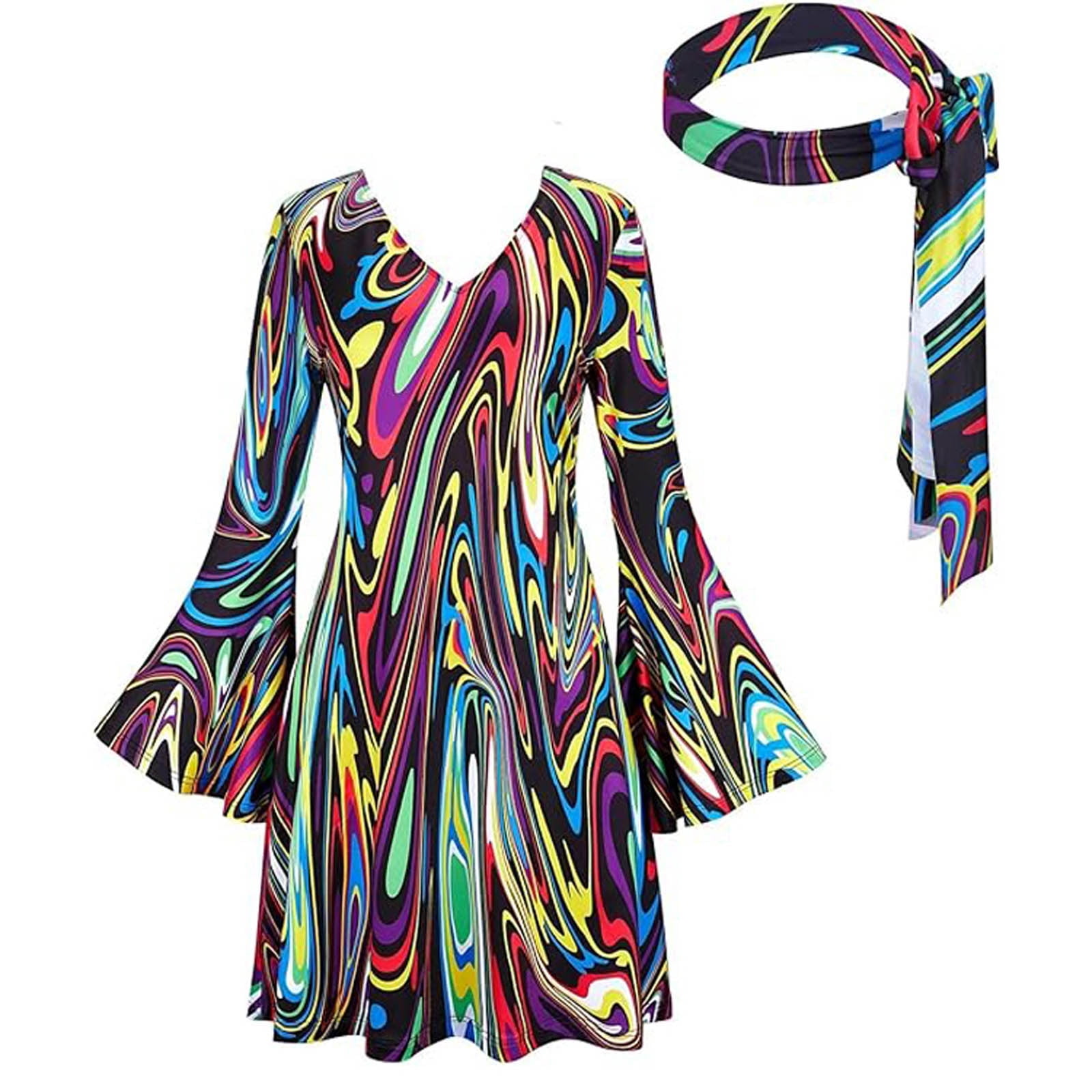 70s Costume Sets for Women Disco Dress Hippie Outfit Retro Bell Sleeve ...