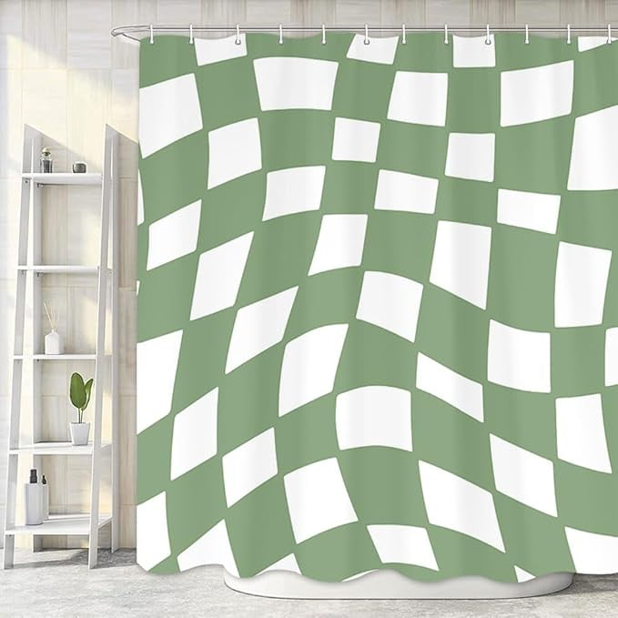 70s Cute Green Shower Curtain, Boho Restroom Curtain, Retro 60s Groovy Abstract Checkered ...