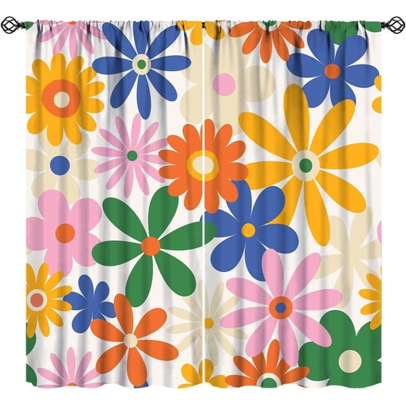 70s Daisy Flower Curtains, Retro Boho Hippie Colorful Groovy Floral ...