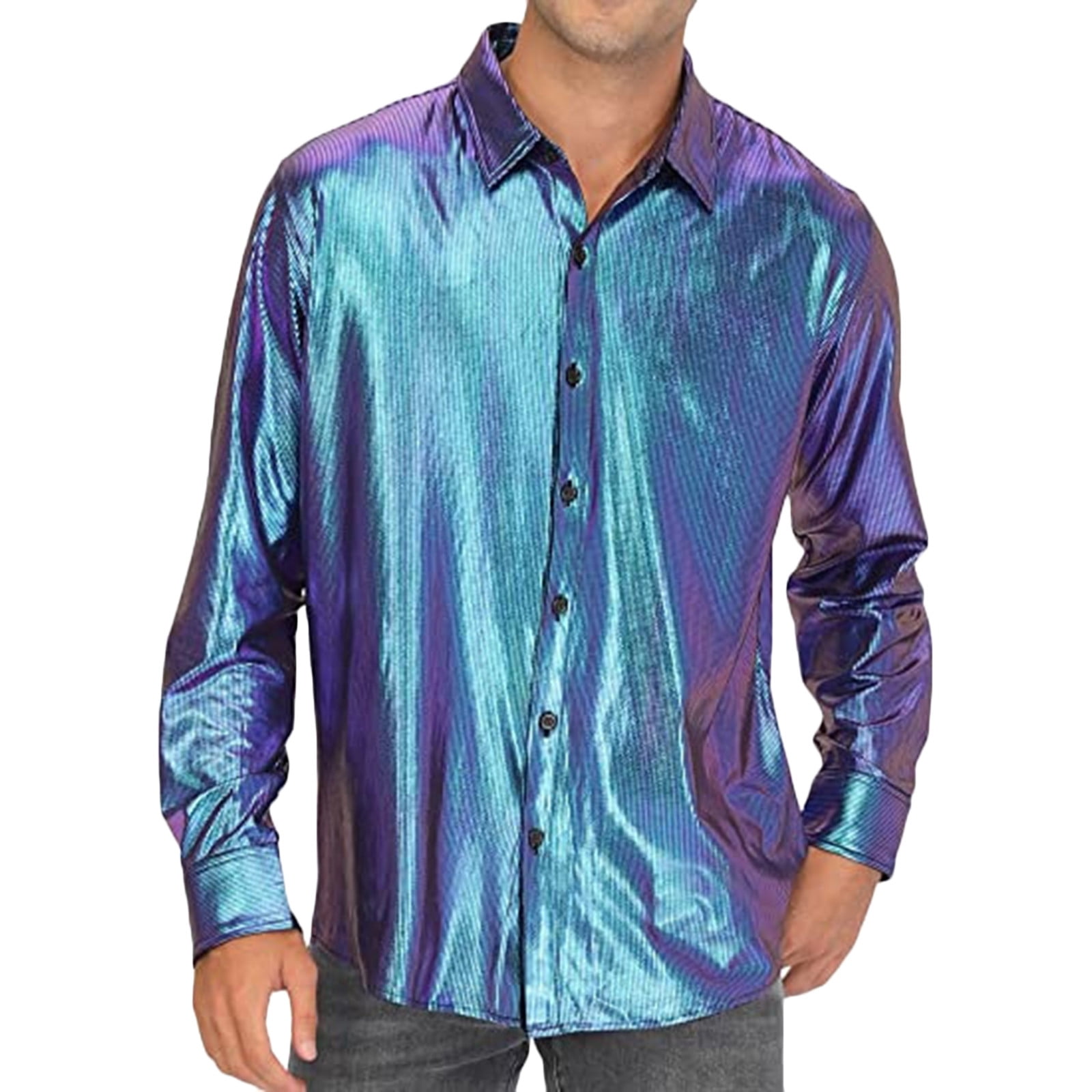 70s Disco Luxury Metallic T-shirts for Men Button Down Long Sleeve ...