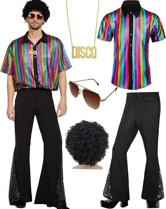 70s Disco Outfit Costume for Men, Include Shirt Bell Bottom Pants Wig ...