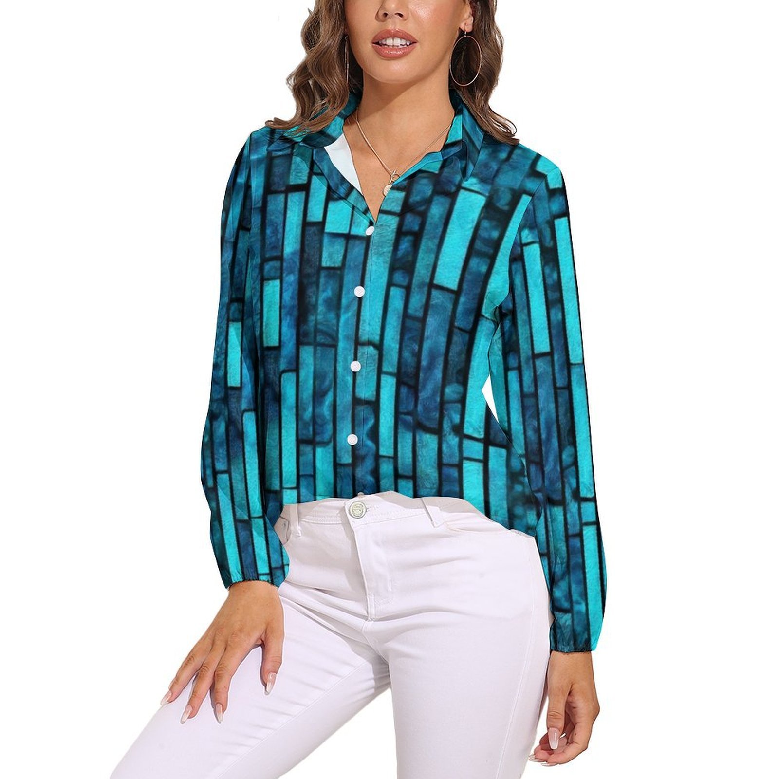70s Disco Retro Inspired Blue Sequin PRINT Texture-1 Long Sleeve Blouse ...