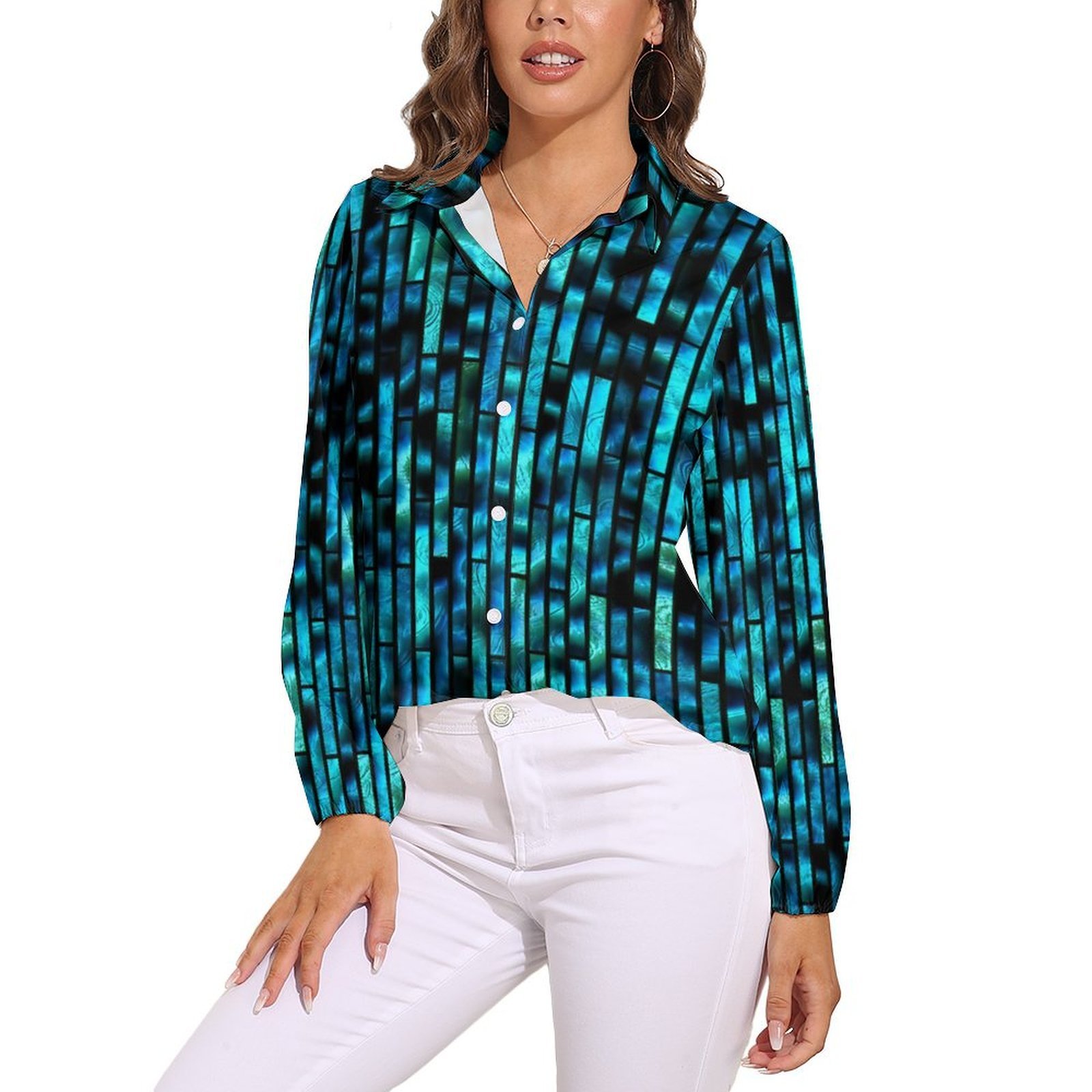 70s Disco Retro Inspired Blue Sequin PRINT Texture Long Sleeve Blouse ...