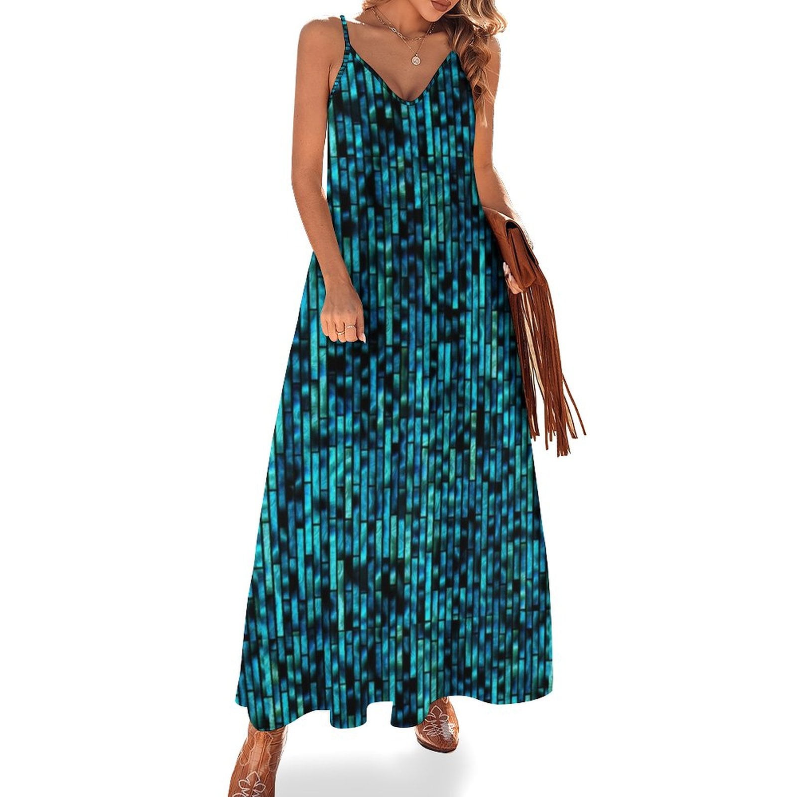 70s Disco Retro Inspired | Blue Sequin PRINT Texture Sleeveless Dress ...