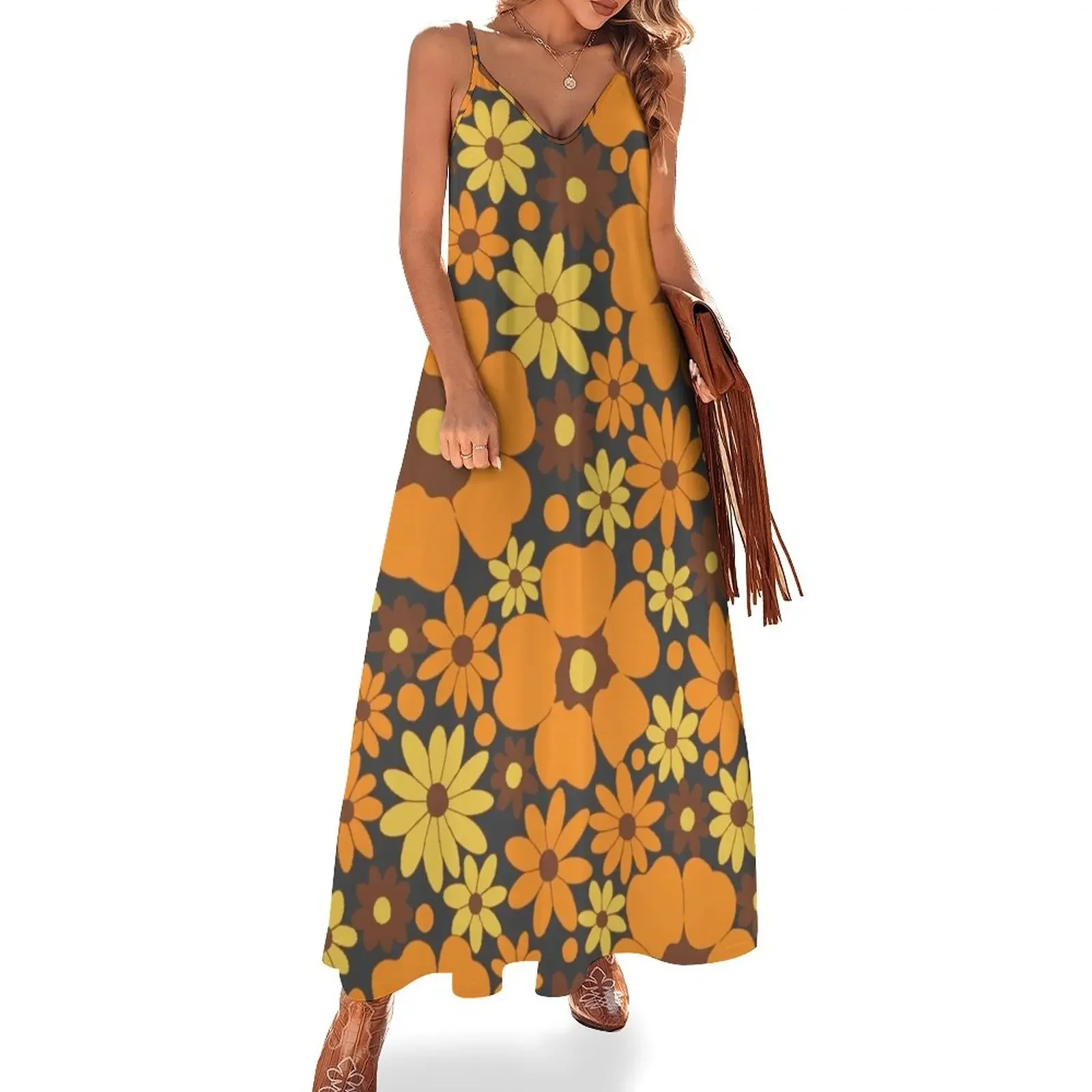 70s Fall Floral Pattern (Dark Version) Sleeveless Dress dress summer ...