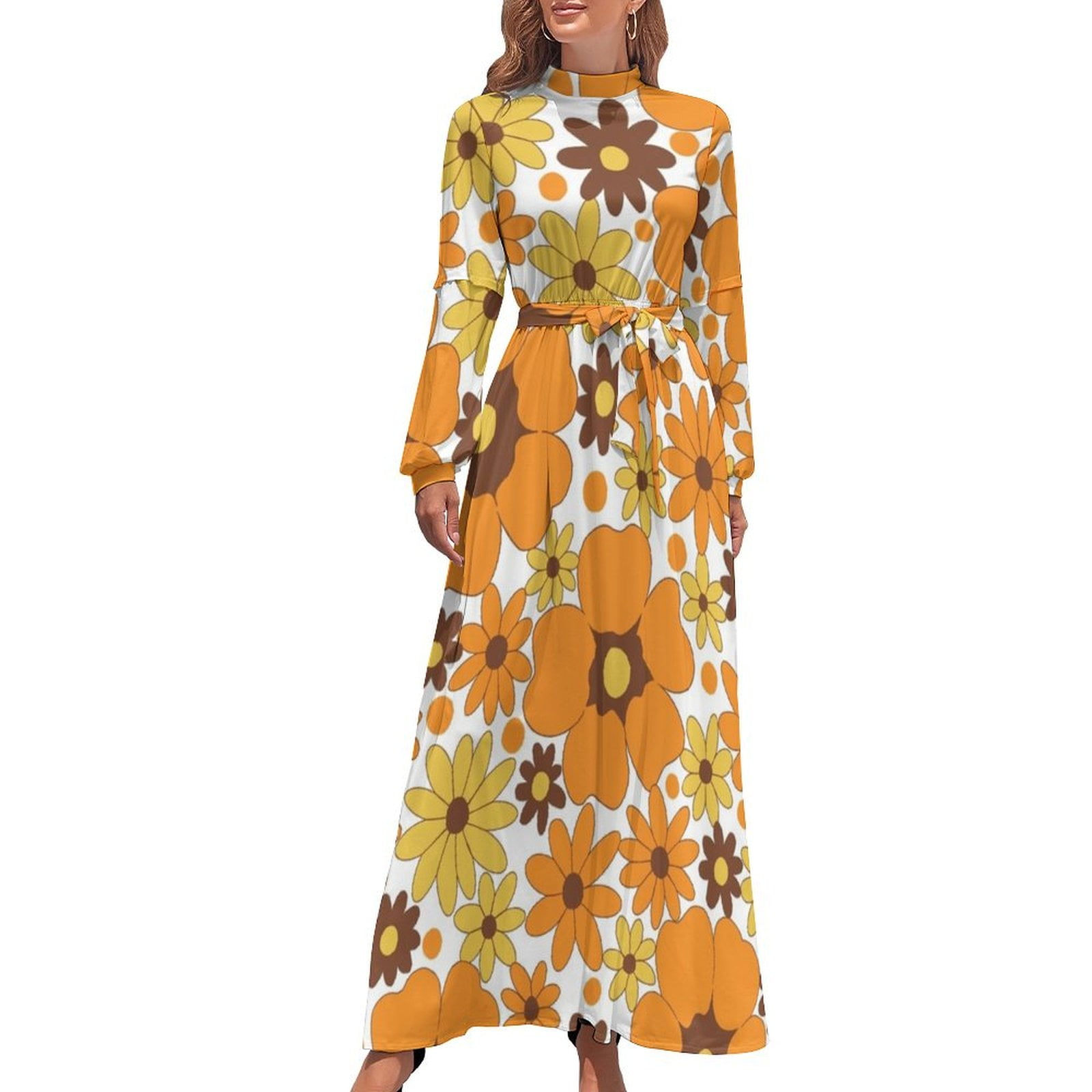 70s Fall Floral Pattern (White Version) Long Dress Woman clothes dress ...