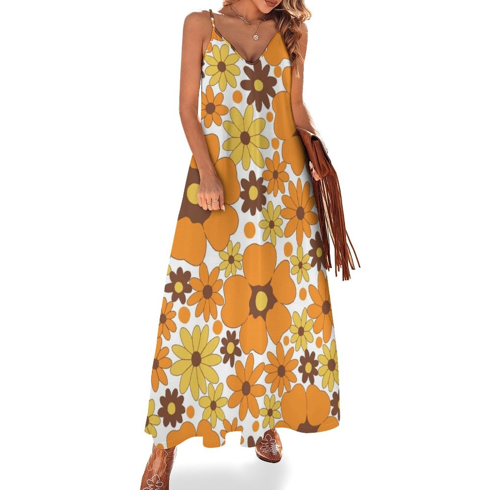 70s Fall Floral Pattern (White Version) Sleeveless Dress summer dresses dresses ladies 2024 ...