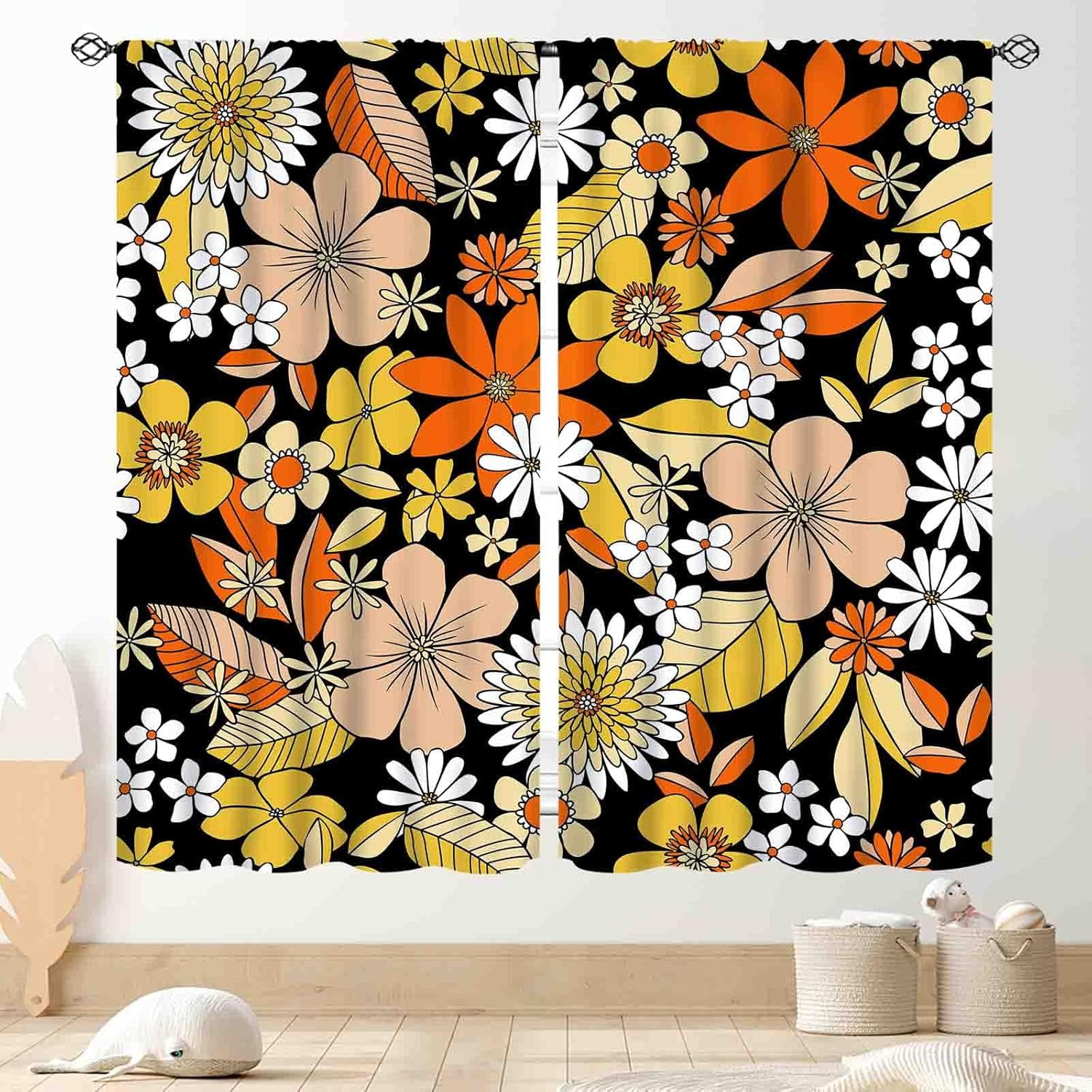 70s Floral Curtains, Retro 1970s Groovy Funky Hippie Boho Yellow Flower ...