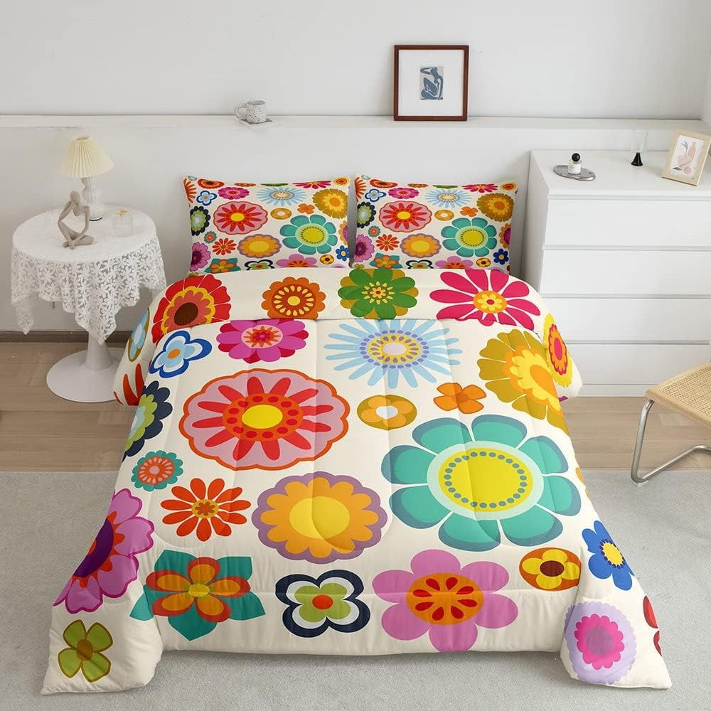 70s Groovy Flower Bedding Set Queen Rainbow Flowers Comforter Set Cool ...