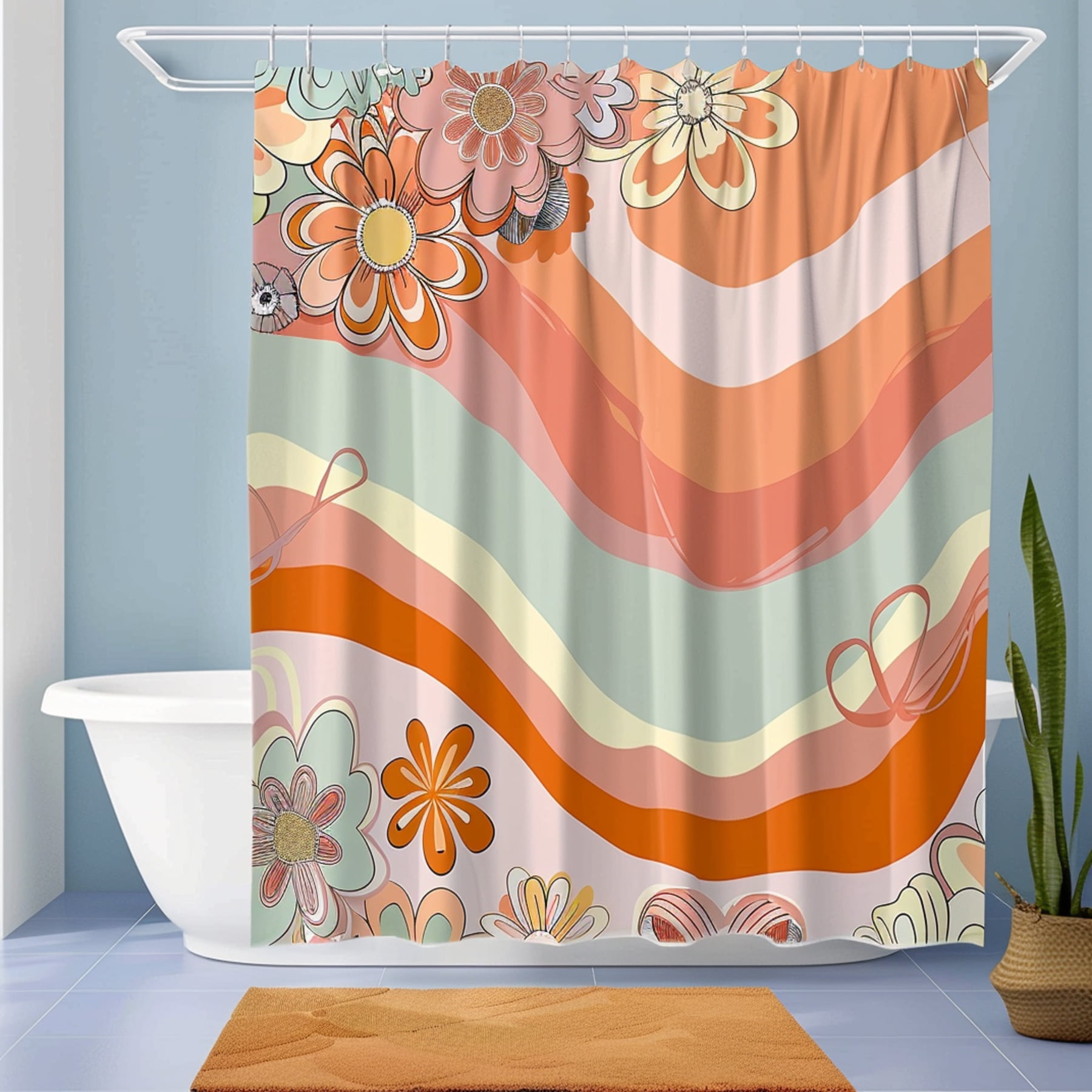 70s Groovy Retro Flower Power Boho Shower Curtain Colorful Pastel Muted