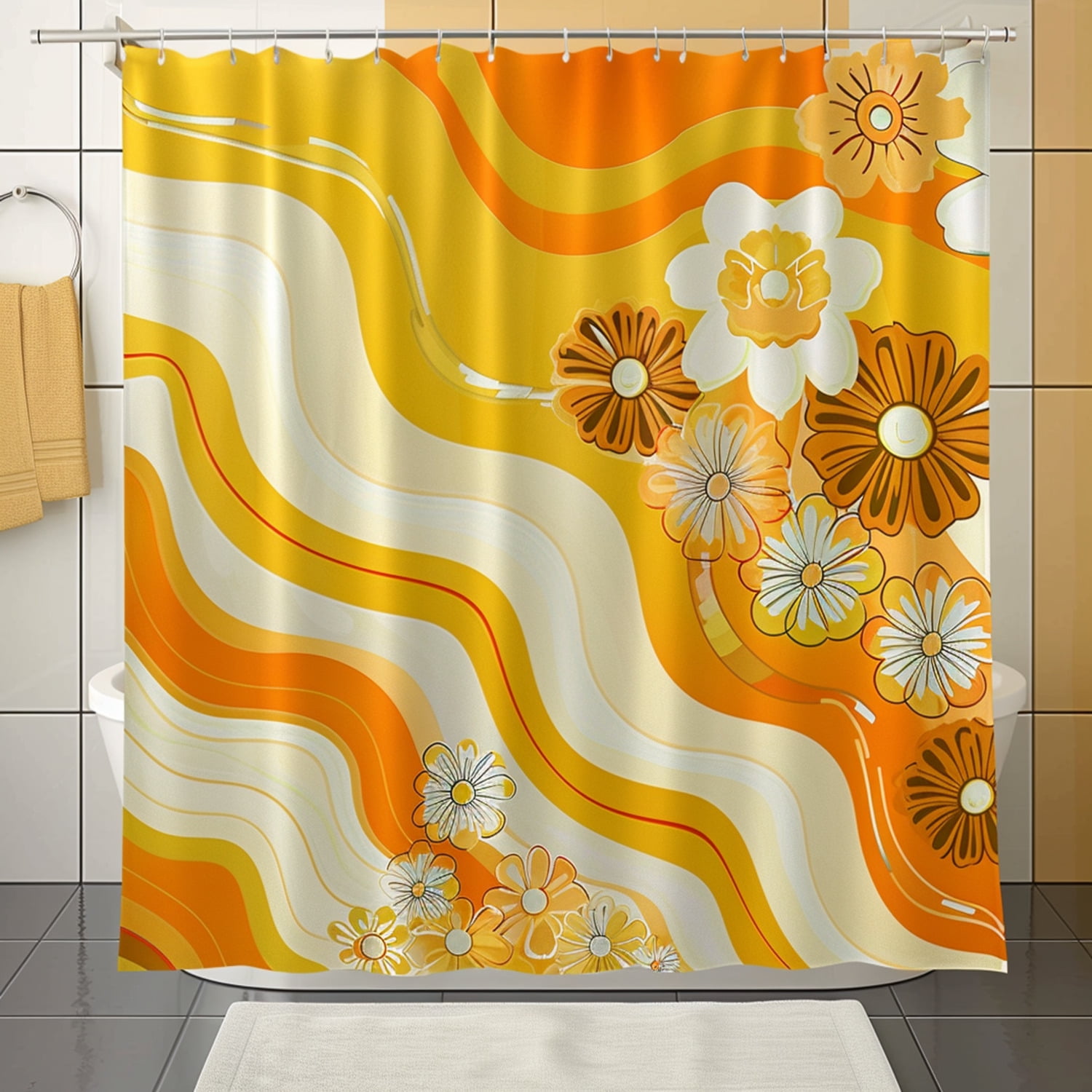 70s Groovy Retro Yellow Orange Flowers And Wavy Lines Shower Curtain