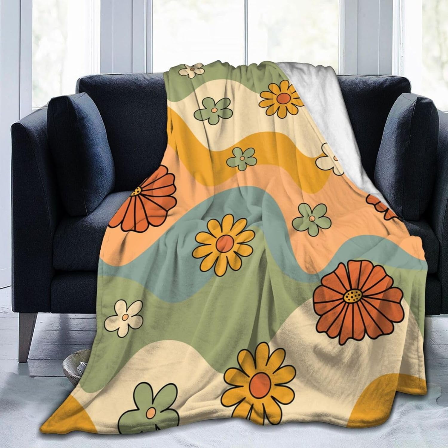 70s Groovy Waves Pretty Floral Blanket Soft Lightweight Throw Blankets ...