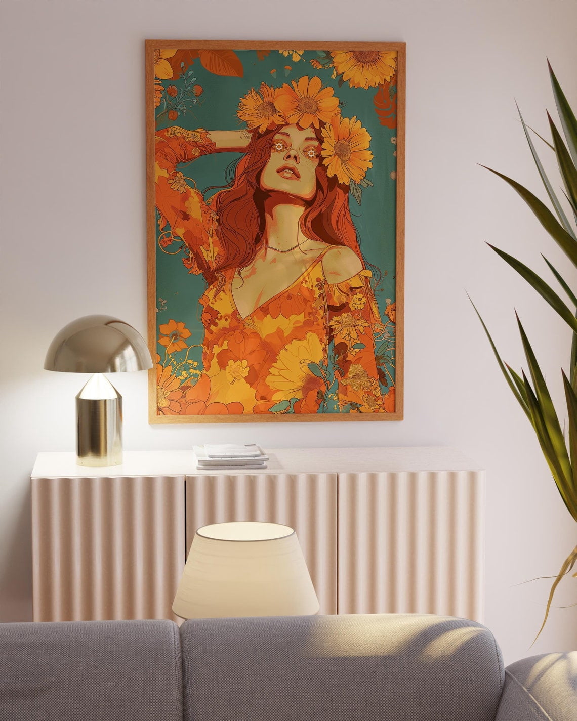70s Hippie Girl Retro Decor Floral Wall Art Unframed Paper Print ...