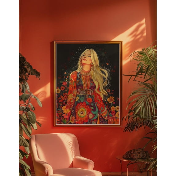 70s Hippie Woman Retro Colorful Wall Art, Unframed Paper Poster 16x20in ...