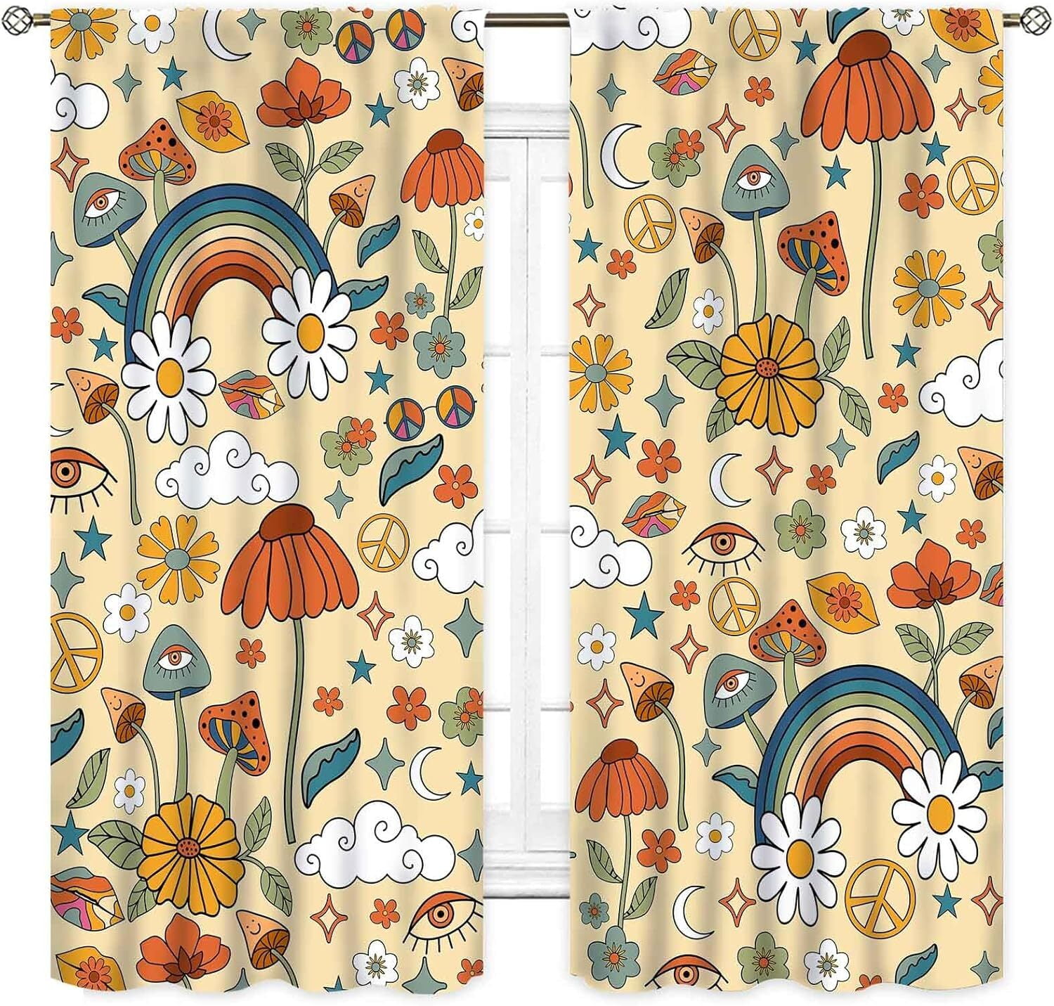 70s Mushroom Kitchen Curtains, Retro Groovy Hippie Funky Boho Rustic ...