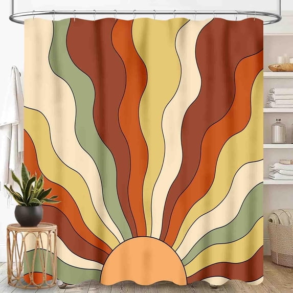 70s Orange Shower Curtain for Bathroom, Boho Sun Funky Hippie Wave Mid ...