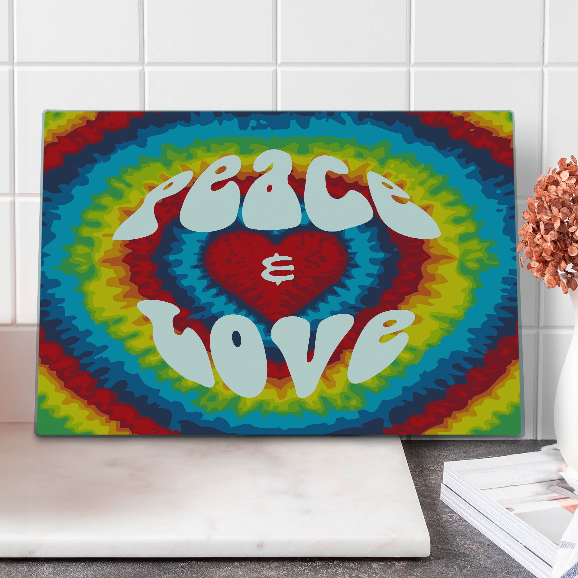 70s Party Cutting Board, Peace and Love Groovy Sixties Tie Dye Effect ...