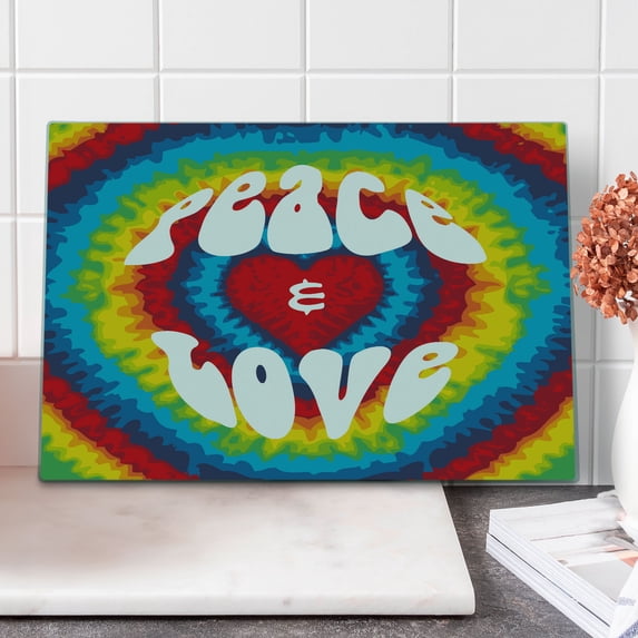70s Party Cutting Board, Peace and Love Groovy Sixties Tie Dye Effect ...