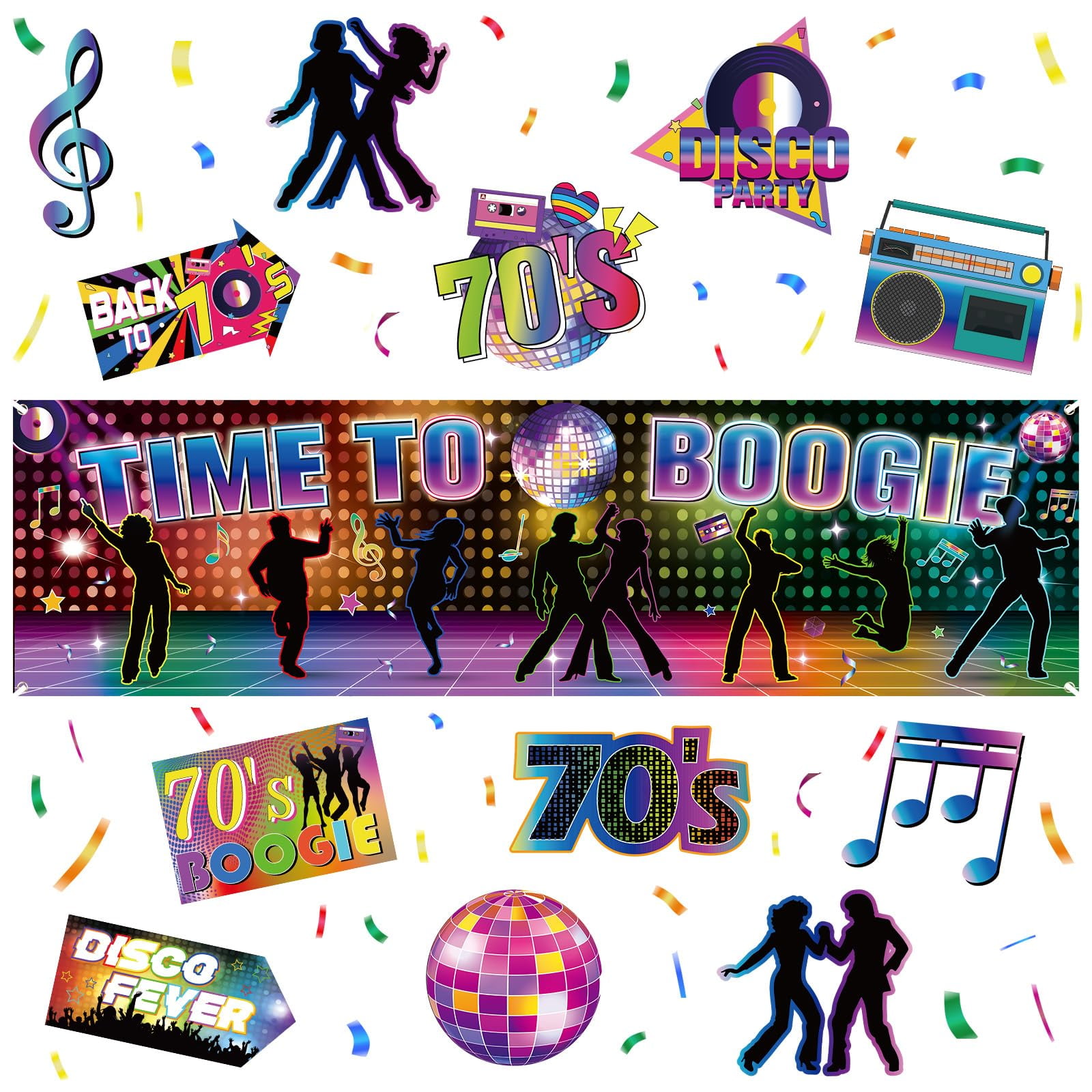 70s Party Decorations Let's Boogie Time to Boogie Backdrop with 12PCS ...
