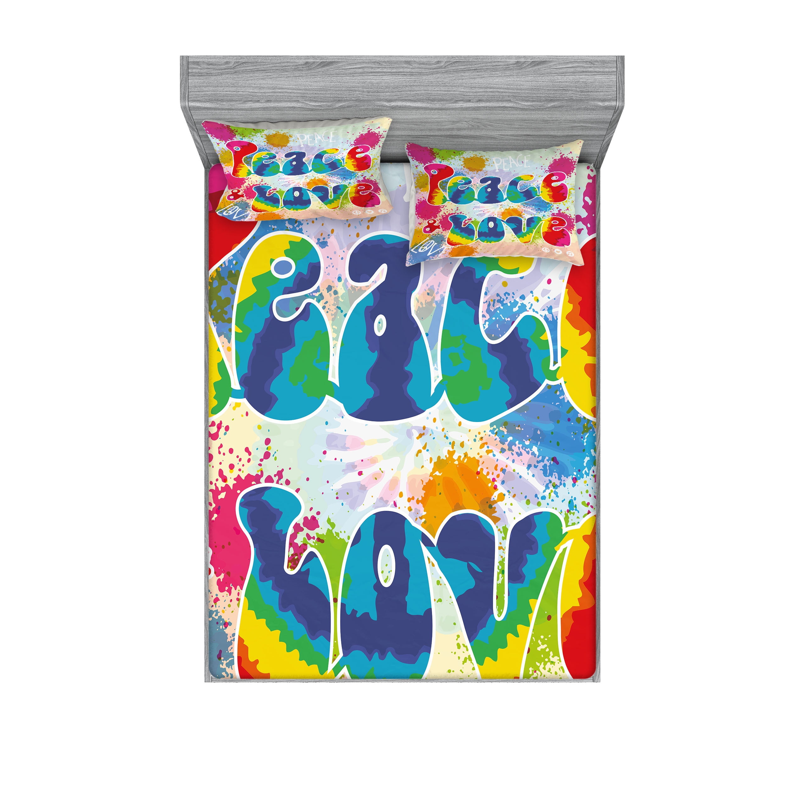 70s Party Fitted Sheet & Pillow Sham Set, Peace and Love Tie Dye Effect ...