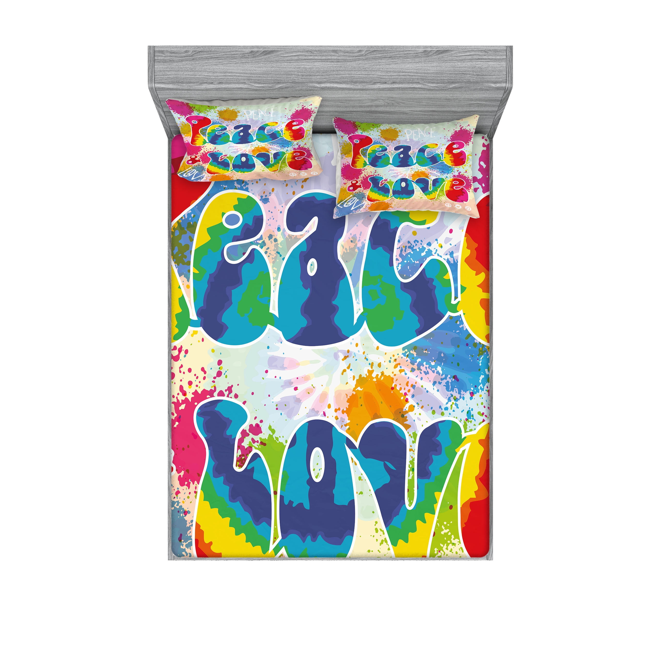 70s Party Fitted Sheet & Pillow Sham Set, Peace and Love Tie Dye Effect ...