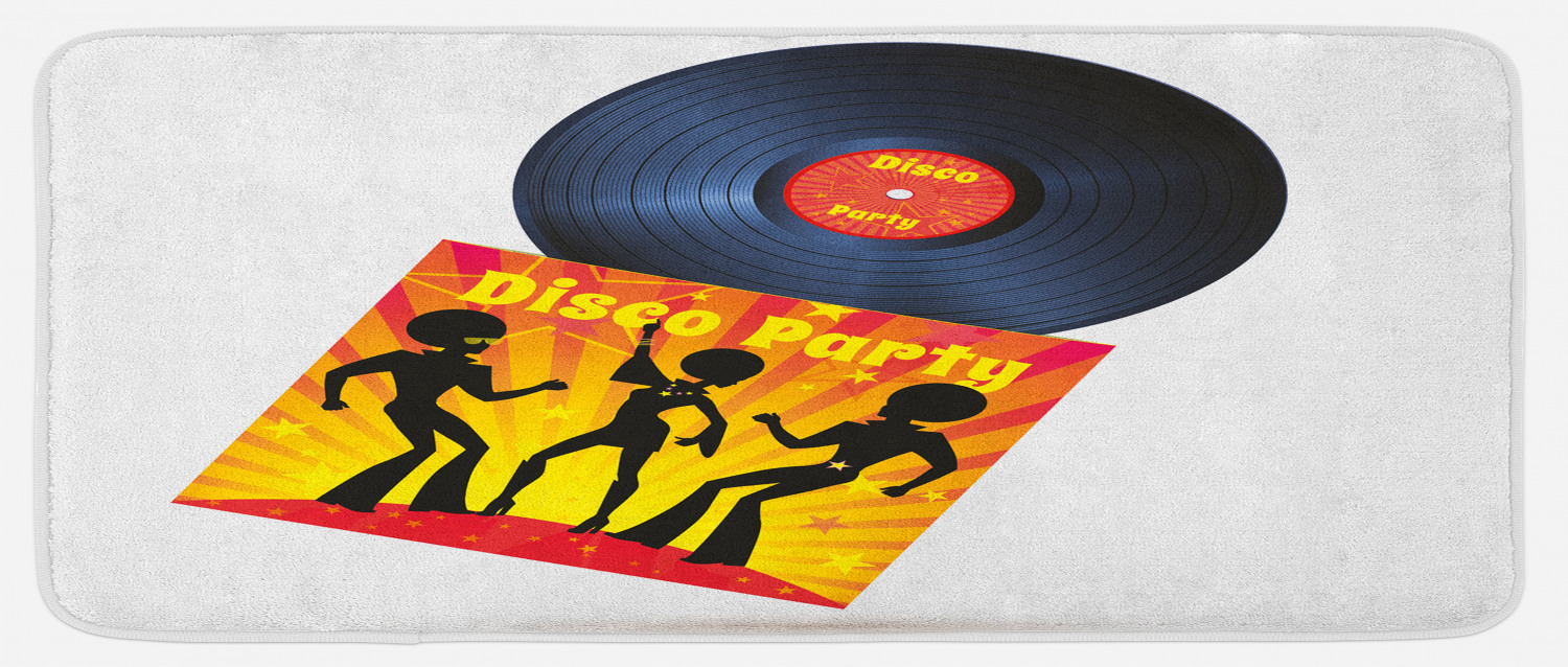 70s Party Kitchen Mat, Vinyl Record Cover with Disco Party Illustration ...