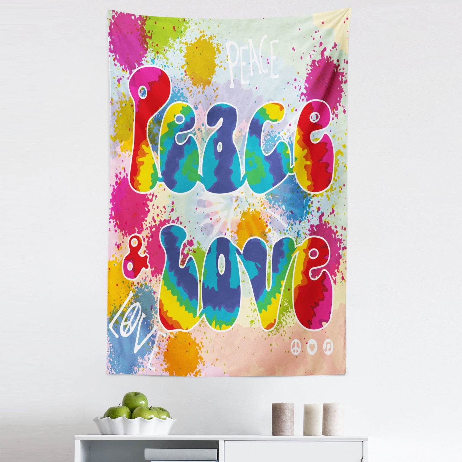 70s Party Tapestry, Peace and Love Tie Dye Effect Funky Color Splash ...
