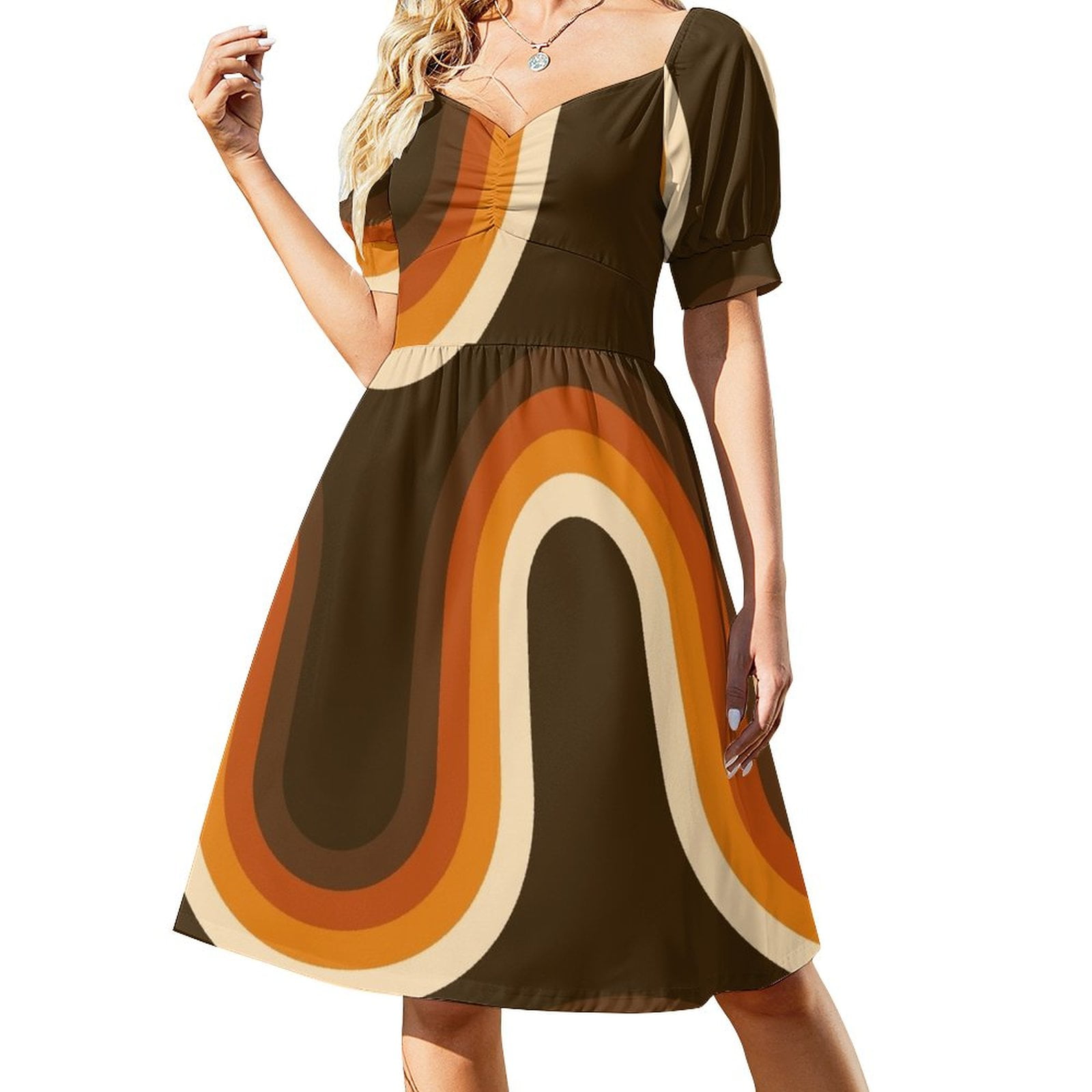70s Pattern Orange and Brown Waves Dress luxury dresses women's luxury ...