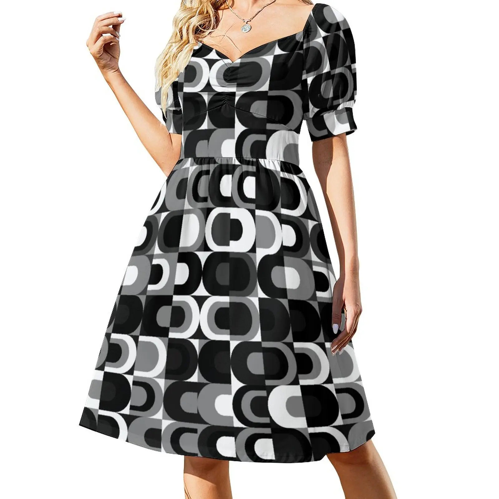 70s Pattern Retro Industrial Black and White Sleeveless Dress luxury ...