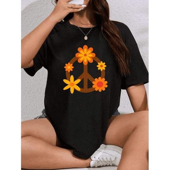 70s Peace Sign Groovy Flowers Retro Hippie Vintage Graphic Style Unisex ...
