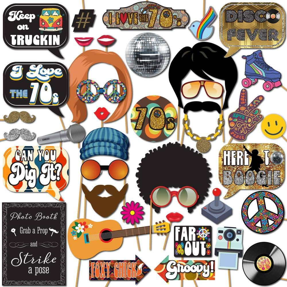 70s Photo Booth Props - 41-pc Disco Photo Booth Kit with 8 x 10-Inch ...